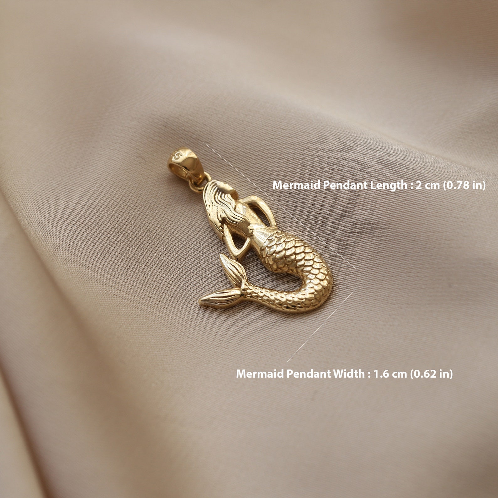 14K Solid Real Yellow Gold Mermaid Pendant Brilliant Surface Necklace ...