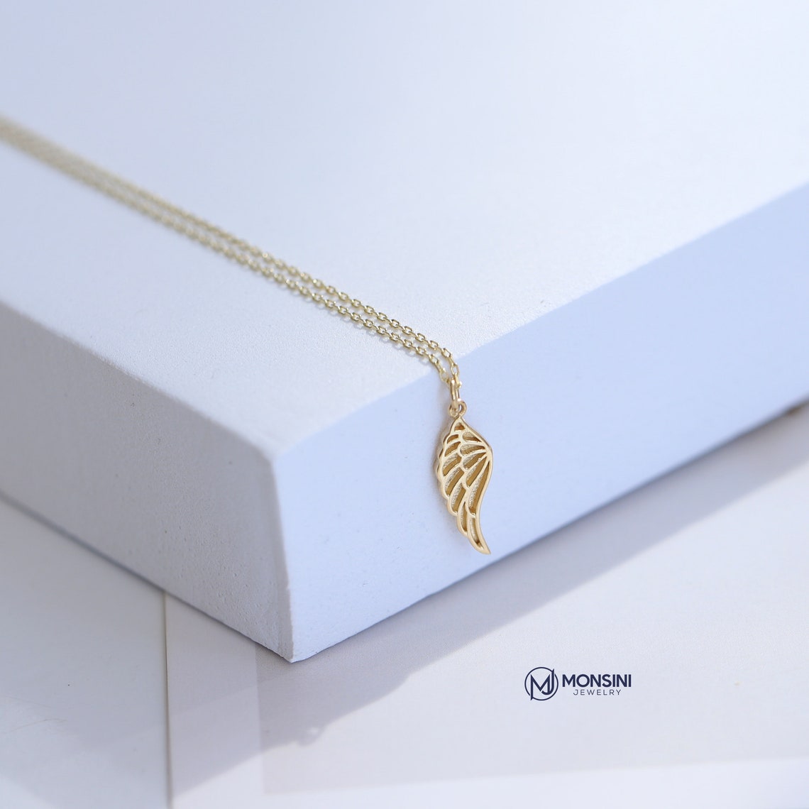 14k Real Solid Gold Angel Wing Charm Chain Necklace Good Luck Pendant ...