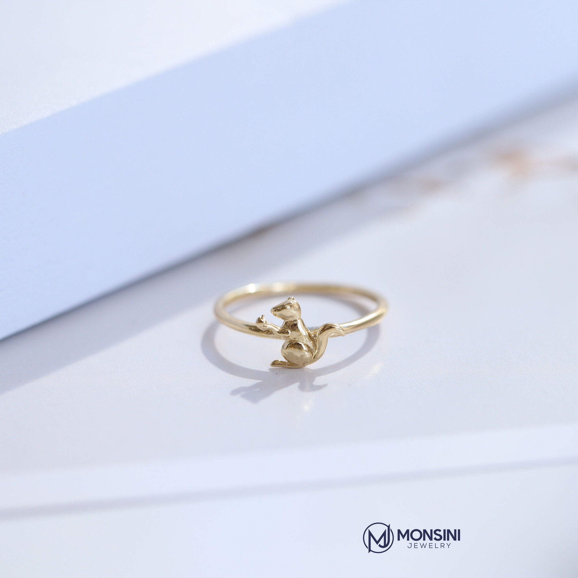 Squirrel Chain Ring 14K Real Solid Gold Animal Figure - Etsy