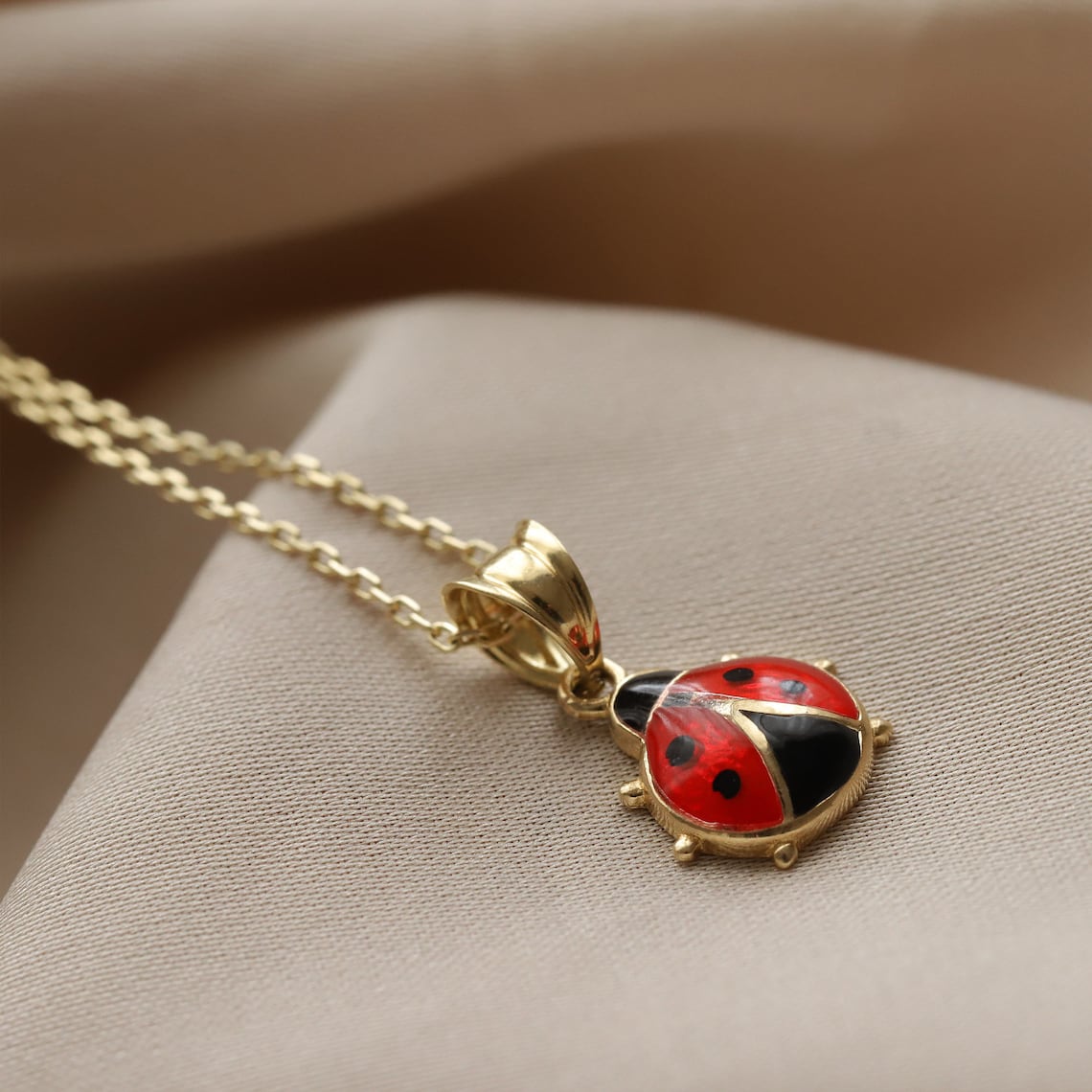 Ladybug Necklace 14K Real Gold Pendant Charm Dainty Luck Chain Black ...