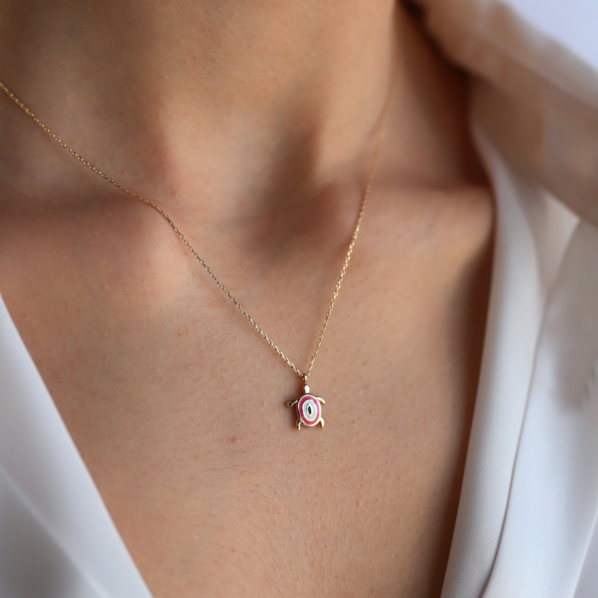 Animal Little Turtle Necklace 14K Gold Charm Pendants Pink - Etsy