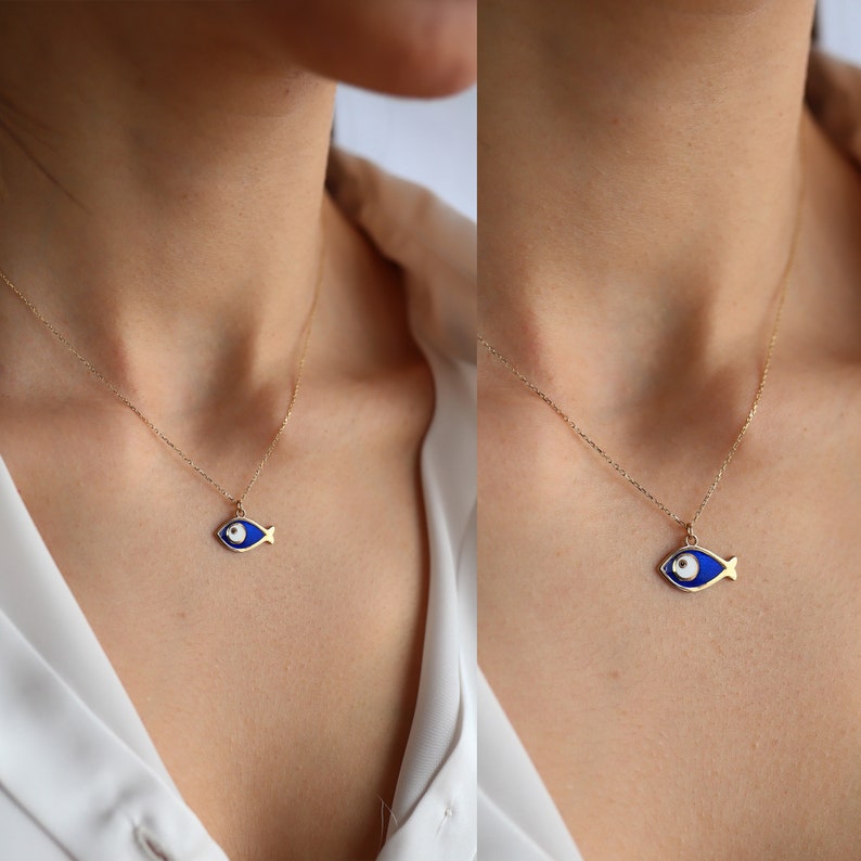14K Gold Enamel Fish Pendant Necklace, Good Luck Charm - Etsy
