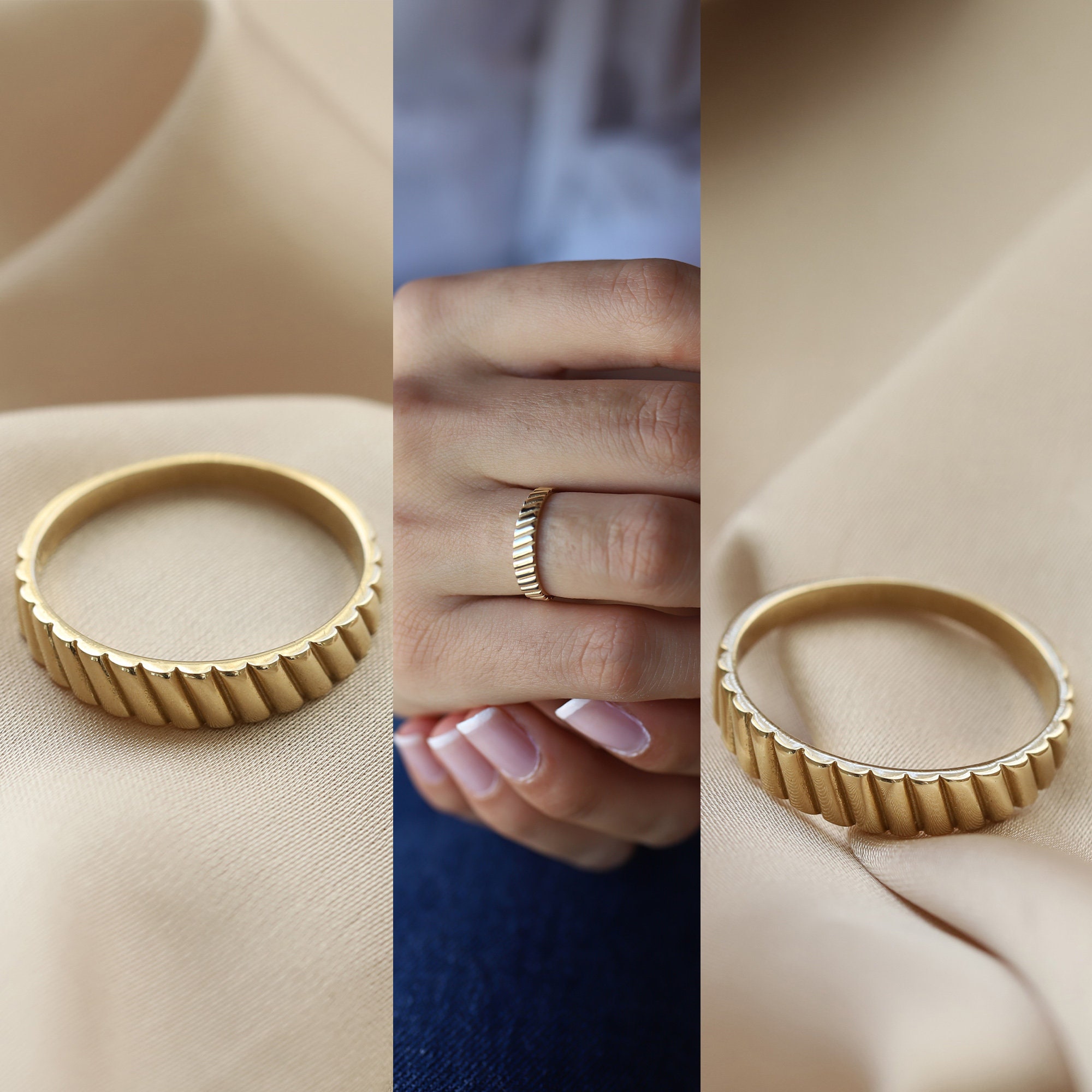 14K Gold Thin Wedding Ring Diagonal Striped Patterned Gift for | Etsy