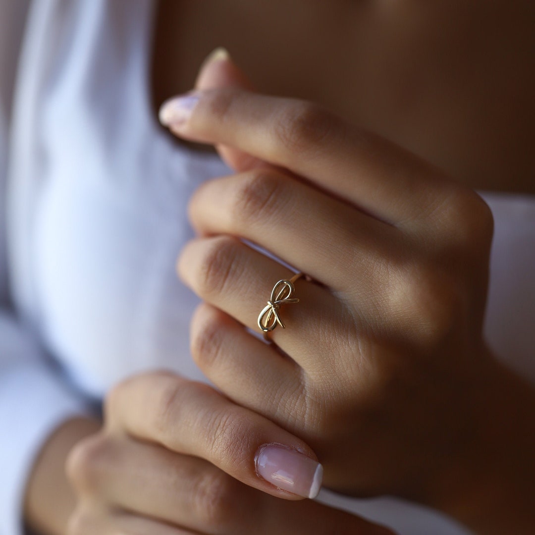 14K Real Solid Yellow Gold Bow Infinity Ring Dainty Minimalist Design ...