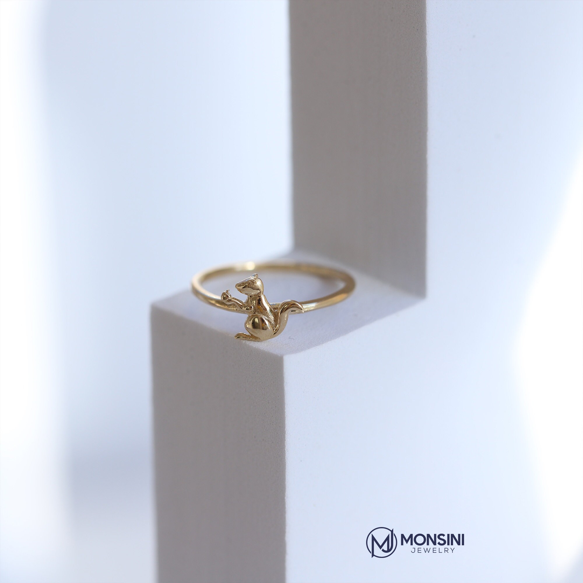 Squirrel Chain Ring 14K Real Solid Gold Animal Figure | Etsy