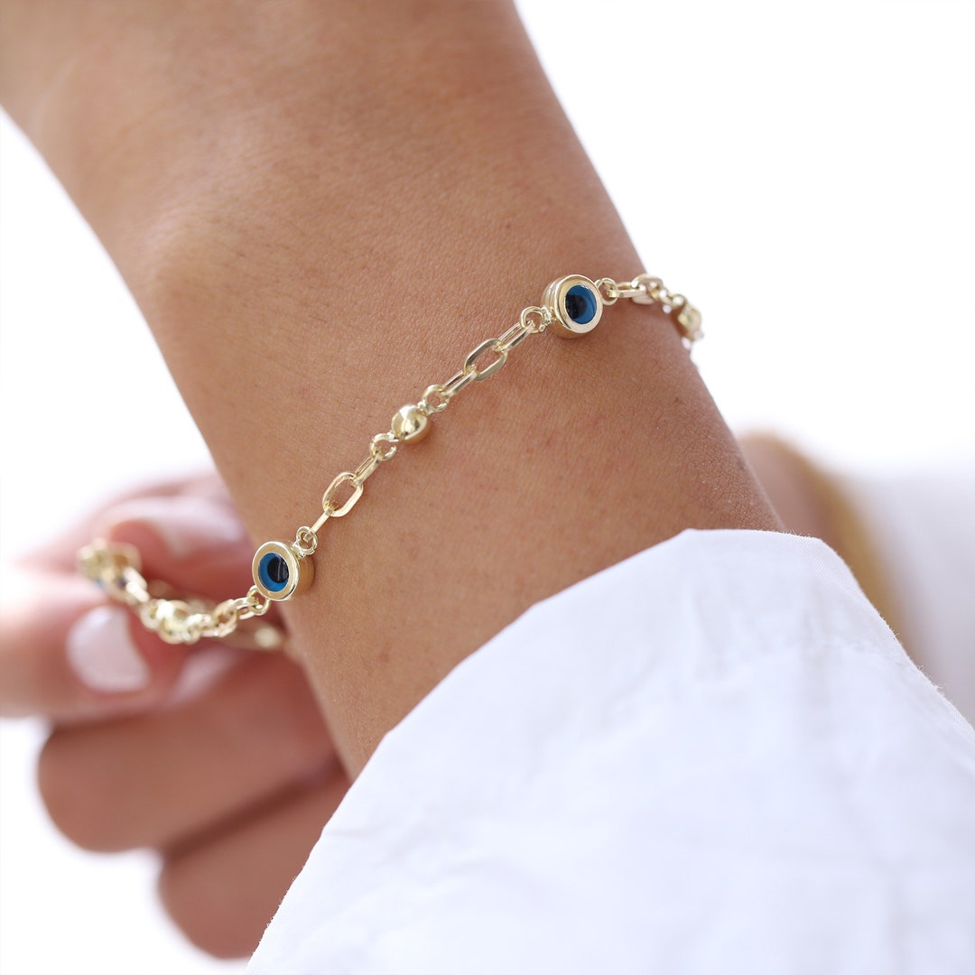 Retro Evil Eye 14K Gold Rolo Doc Blue Link Bracelet Charm Chain Hoop ...