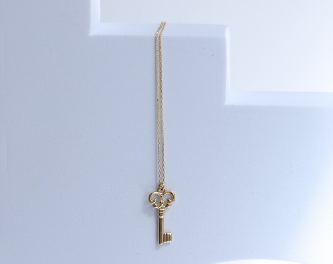 14K Real Solid Gold Minimal Friendship Key Necklace Lucky | Etsy