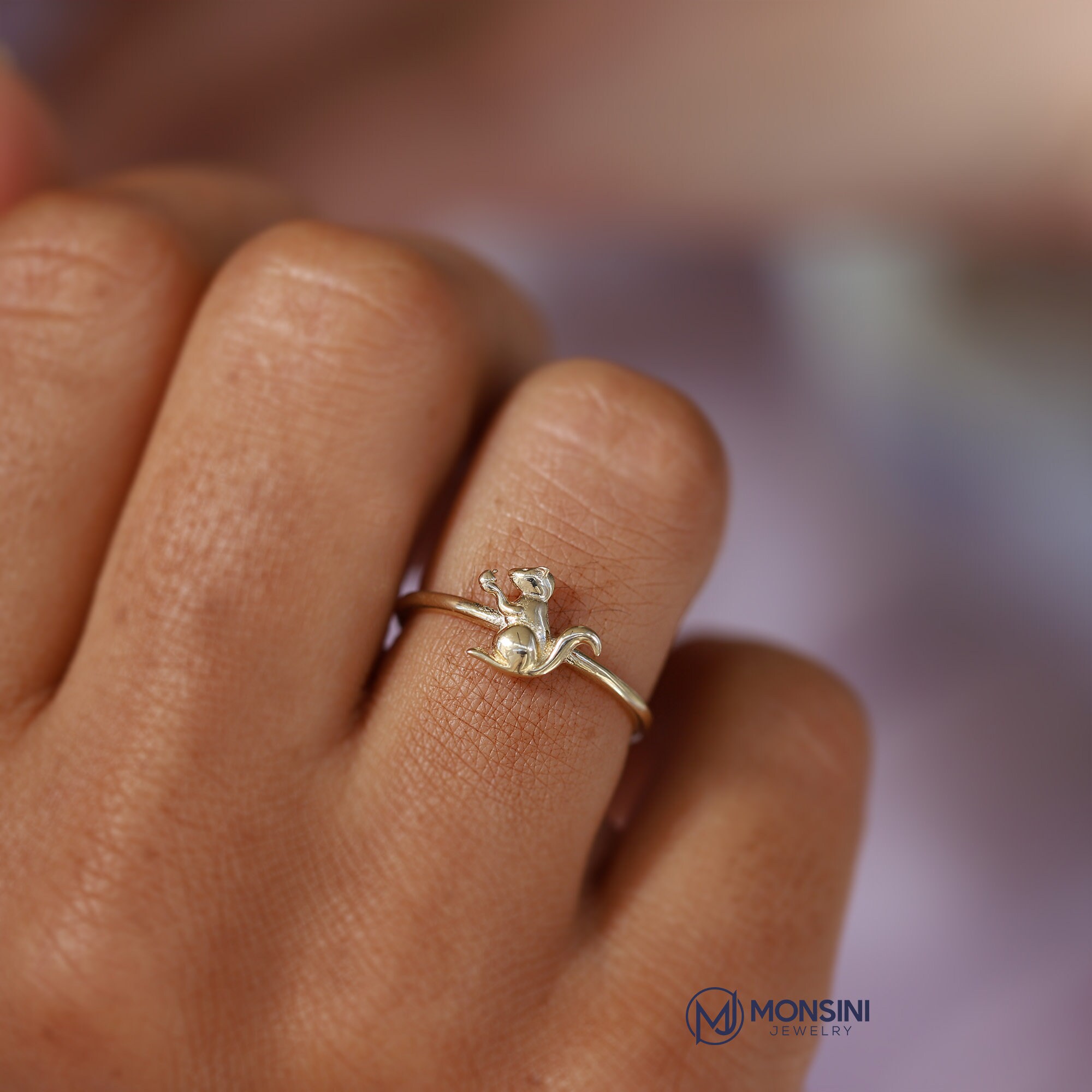 Squirrel Chain Ring 14K Real Solid Gold Animal Figure - Etsy