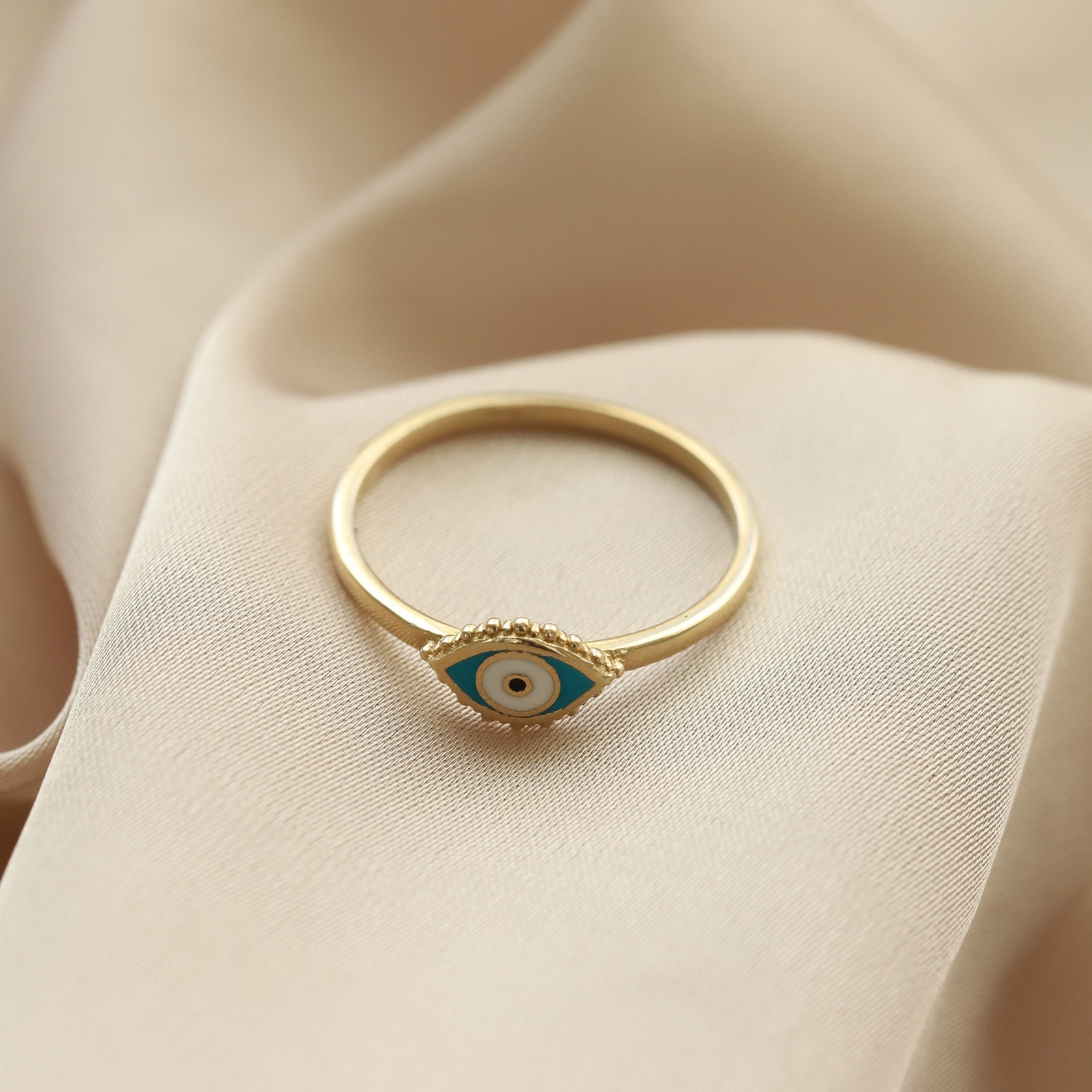 14k Solid Real Yellow Gold Evil Eye Enamel Thin Band Ring Luck - Etsy