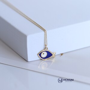 14K Gold Good Luck Little Fish Sea Animal Charm Pendant Enamel Necklace ...