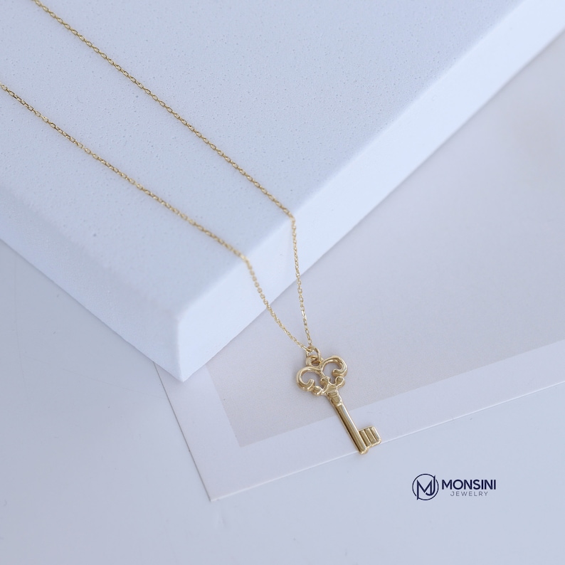 14K Real Solid Gold Minimal Friendship Key Necklace Lucky - Etsy