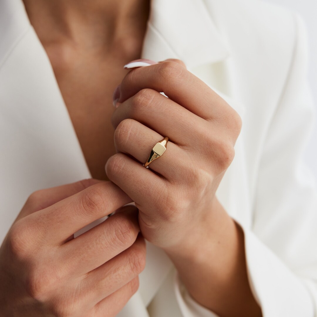 14K Real Gold Vintage Letter Signet Ring Fine Jewelry Gift for Women ...