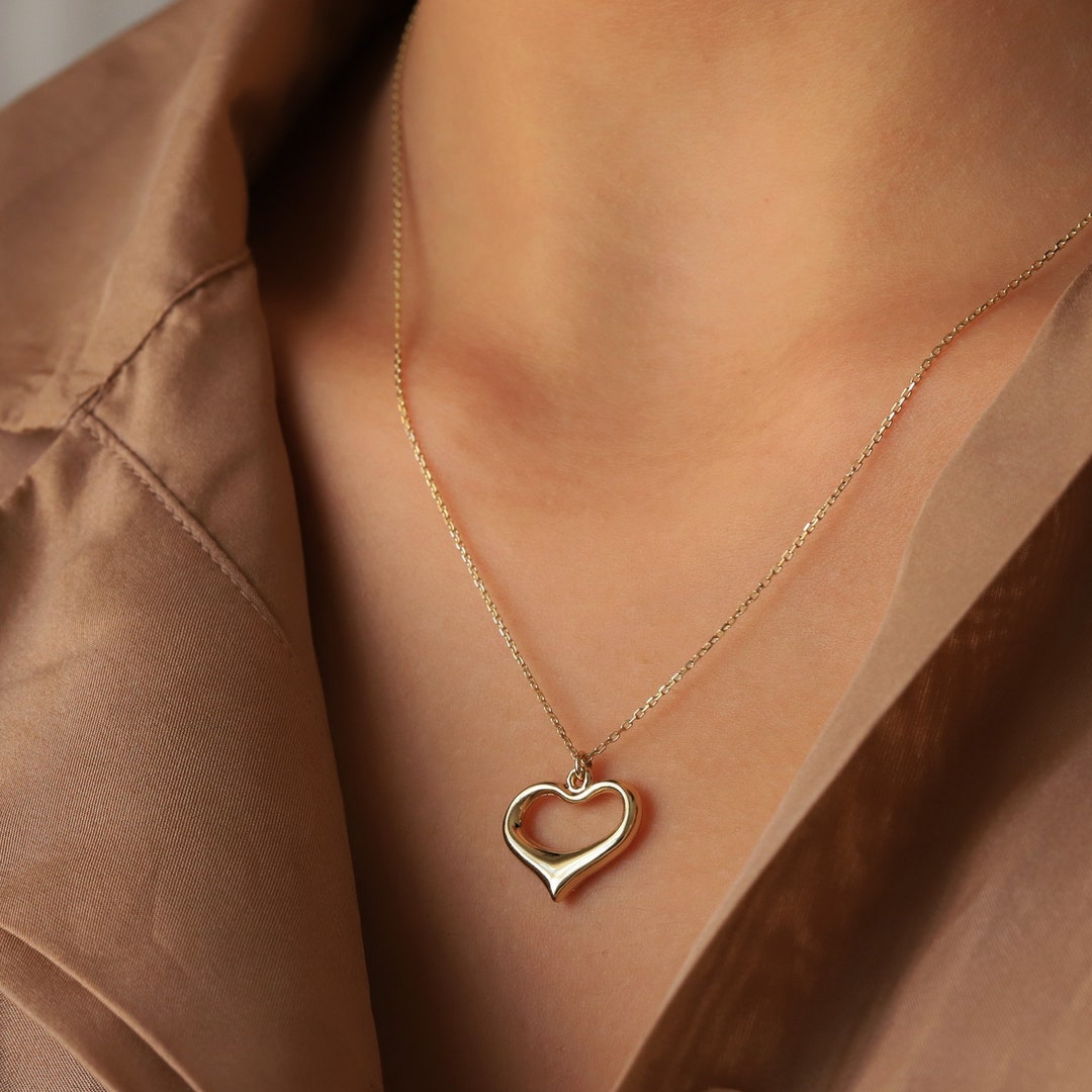 14K Real Gold Frame Heart Shape Pendant Necklace Love Valentine's Day ...