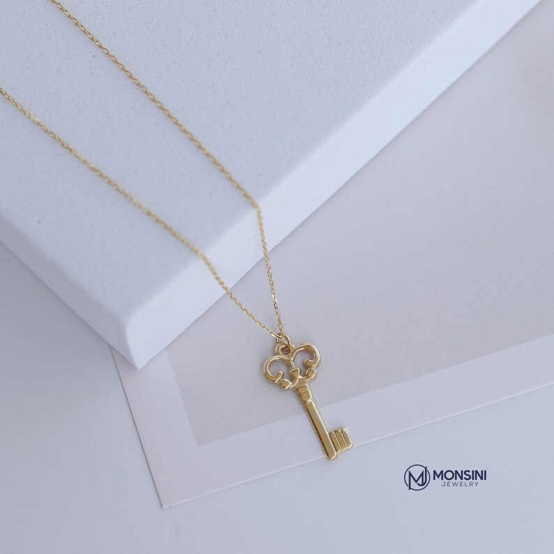 14K Real Solid Gold Minimal Friendship Key Necklace Lucky - Etsy