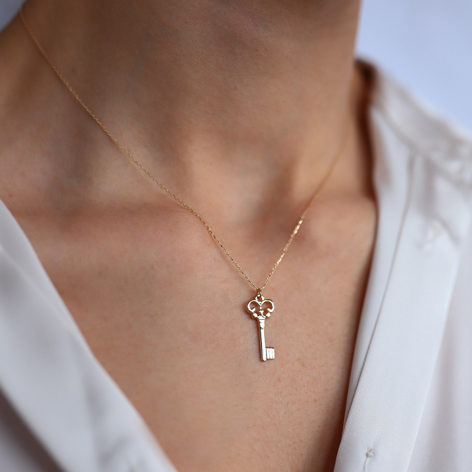 14K Real Solid Gold Minimal Friendship Key Necklace Lucky | Etsy