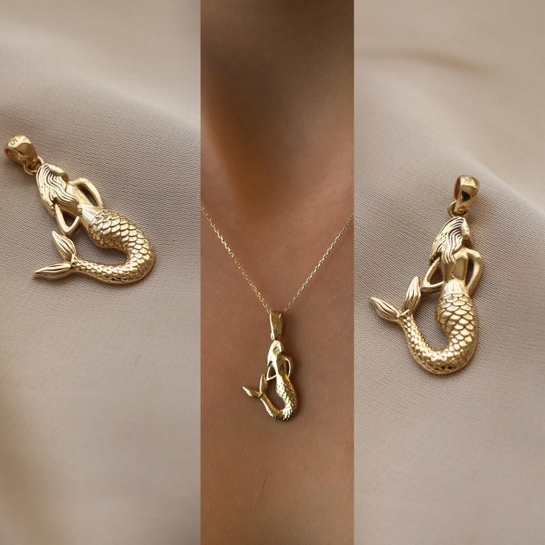 14K Solid Yellow Gold Mermaid Pendant Necklace, Dainty Modern Design - Etsy