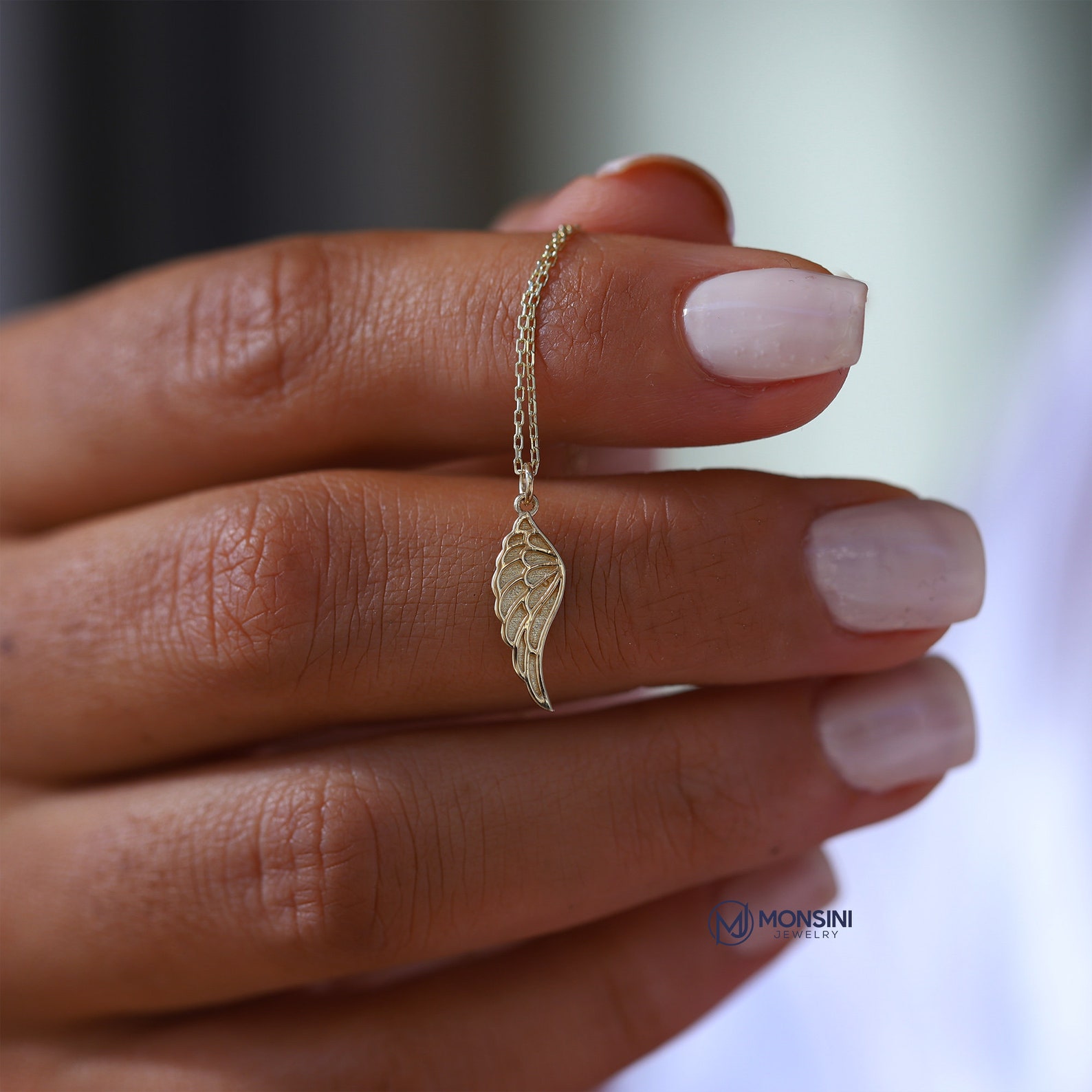 14k Real Solid Gold Angel Wing Charm Chain Necklace Good Luck Pendant ...