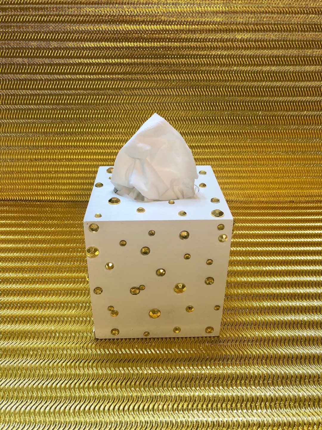 White & Gold Rhinestones Tissue Box Cover- Desk Decor- Office Desk ...