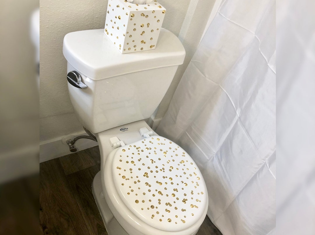 White and Gold Rhinestones Custom Hand Painted Toilet Seat Set- Wedding ...