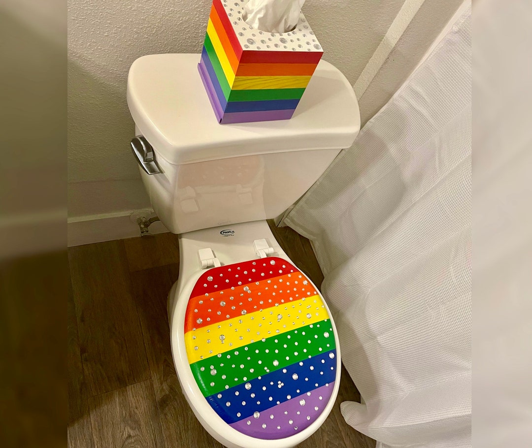 Rainbow & Silver Bling Hand Painted Toilet Seat Set- Rainbow- LGBT ...