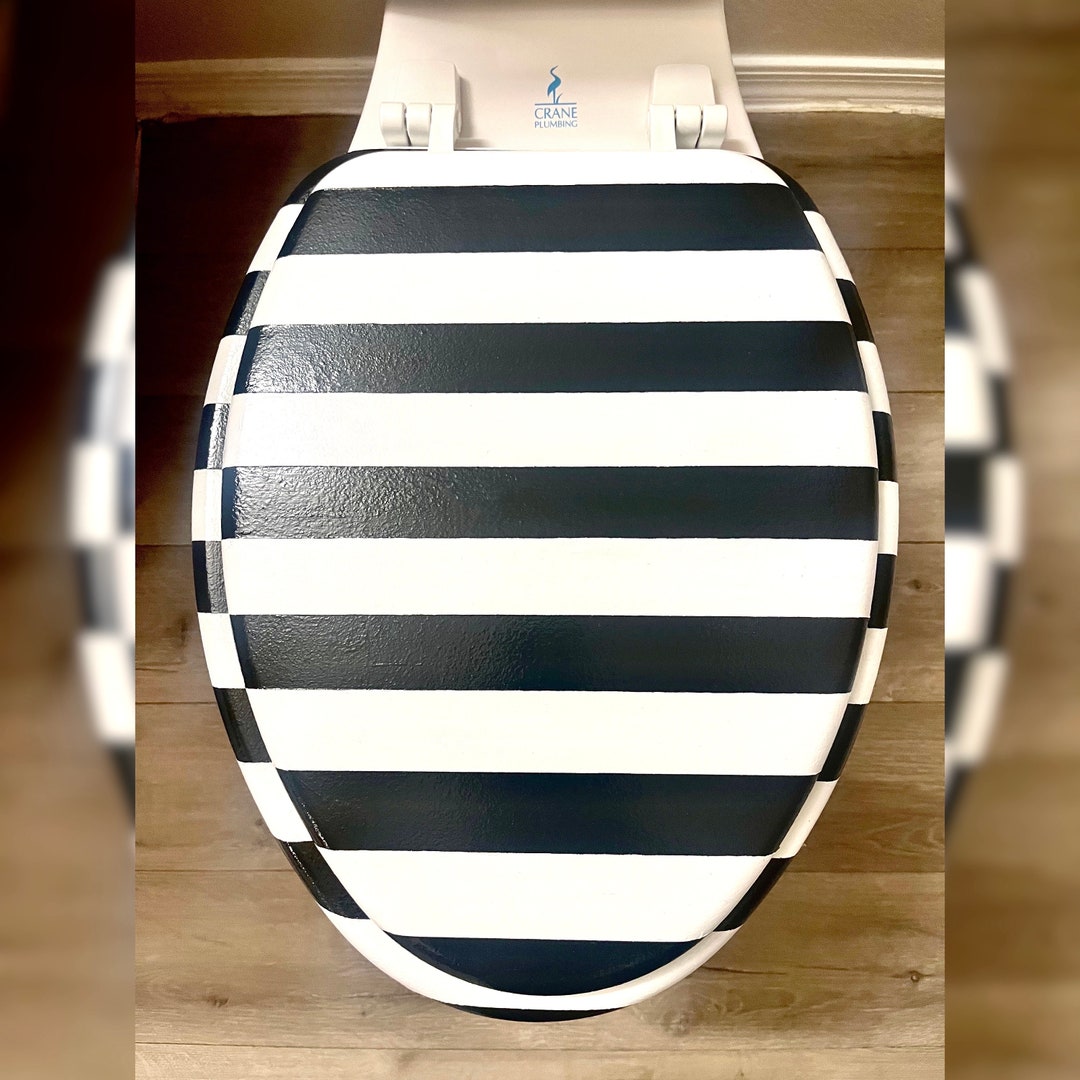 Black and White Stripes Hand Painted Toilet Seat Stripes Bathroom Decor ...