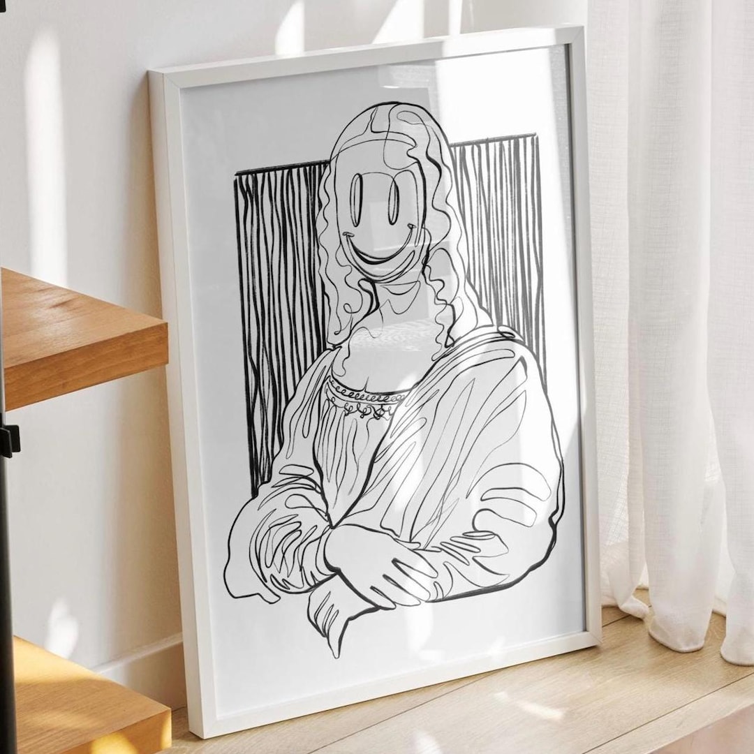 Smiley Mona Lisa Art Print: Charcoal Minimalist Drawing, Fun Design ...