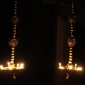 Pair of Golden Hanging Electric Diya Lamp Mandir Decor Vilakku Mandir ...