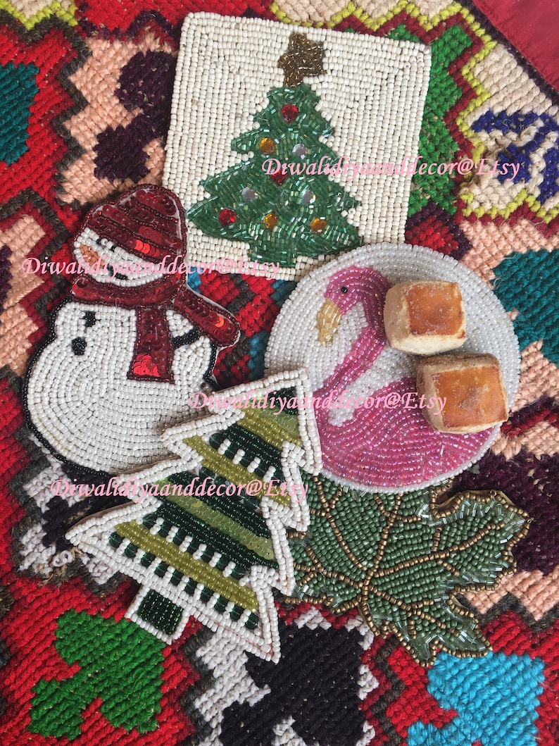 Beaded Coasters Christmas 4 Pc. Decorations Luxury Table - Etsy