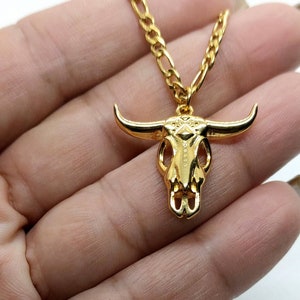 Bull Skull Pendant, Gold Pendant, Skull Chain Necklace, 24k Gold Plated ...