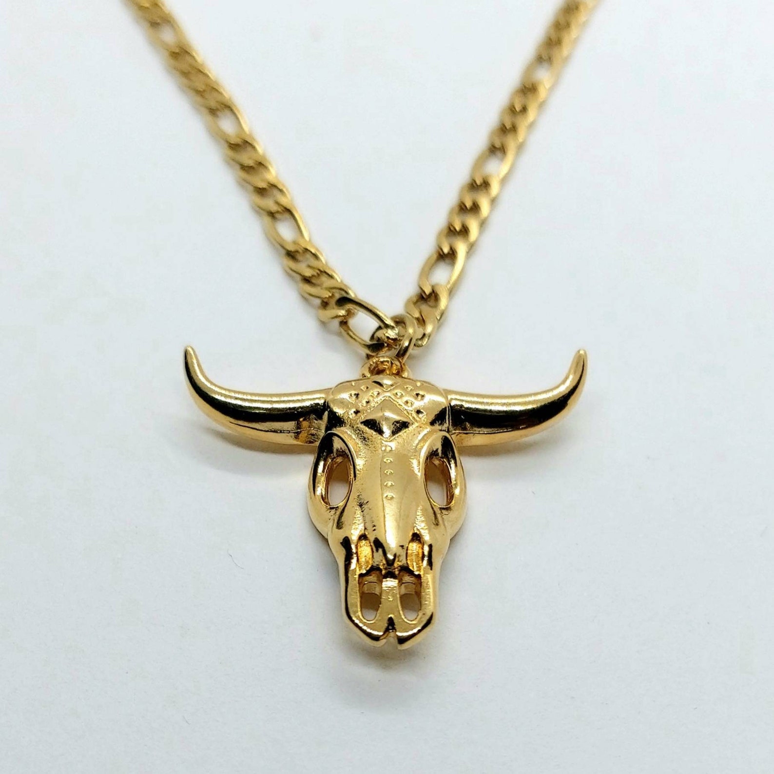 Bull skull pendant gold pendant skull chain necklace 24k | Etsy