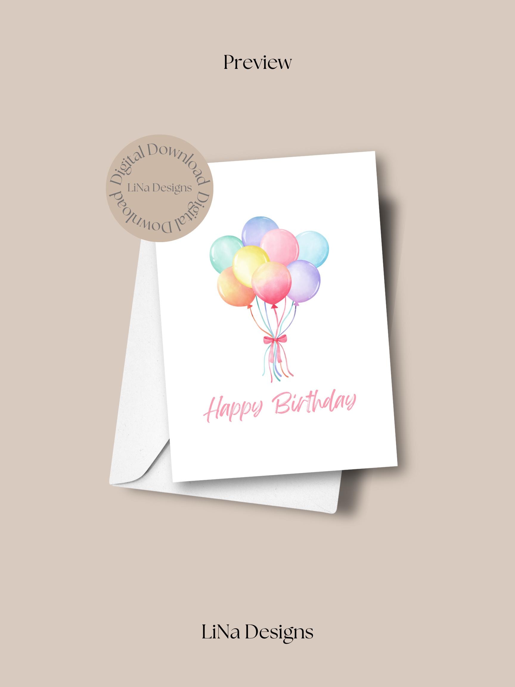 Printable Birthday Card, Happy Birthday, Cute Balloon Card, Pink ...