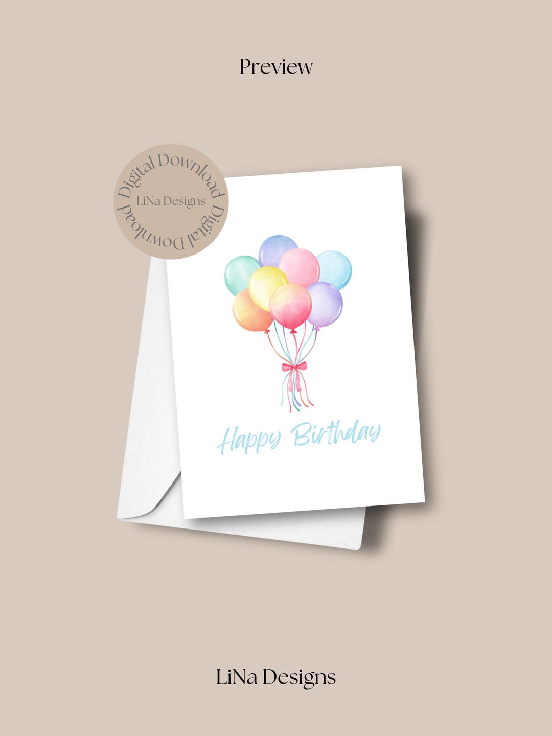 Printable Birthday Card, Happy Birthday, Cute Balloon Card, Blue ...