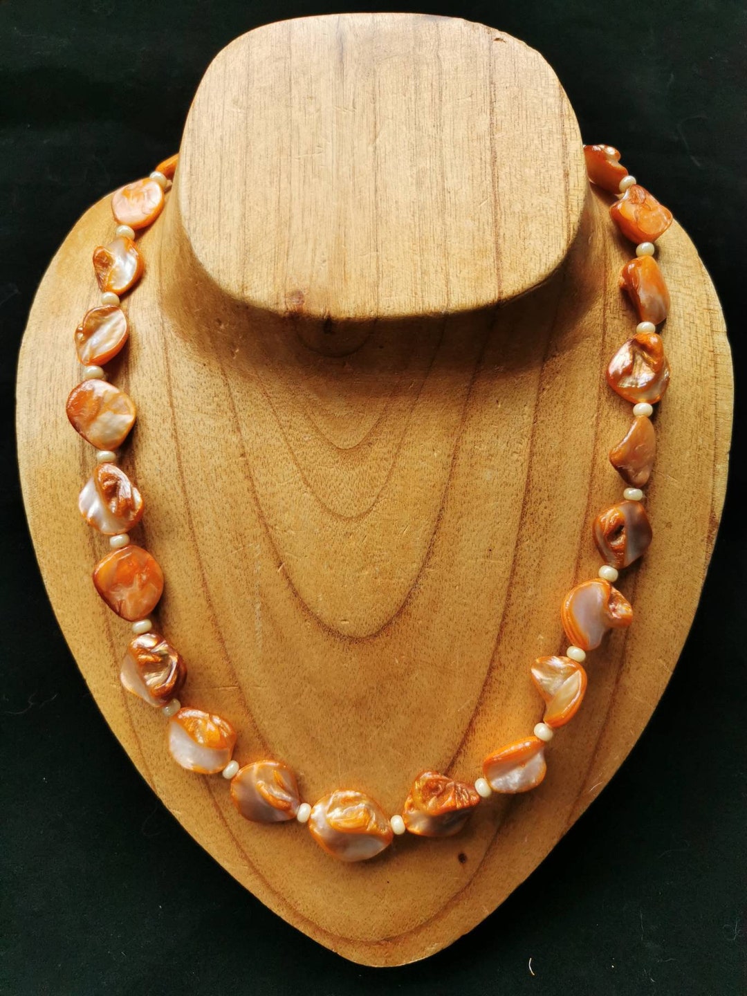 Orange Long Necklace, Oyster Shell Necklace, Mother of Pearl Beaded ...