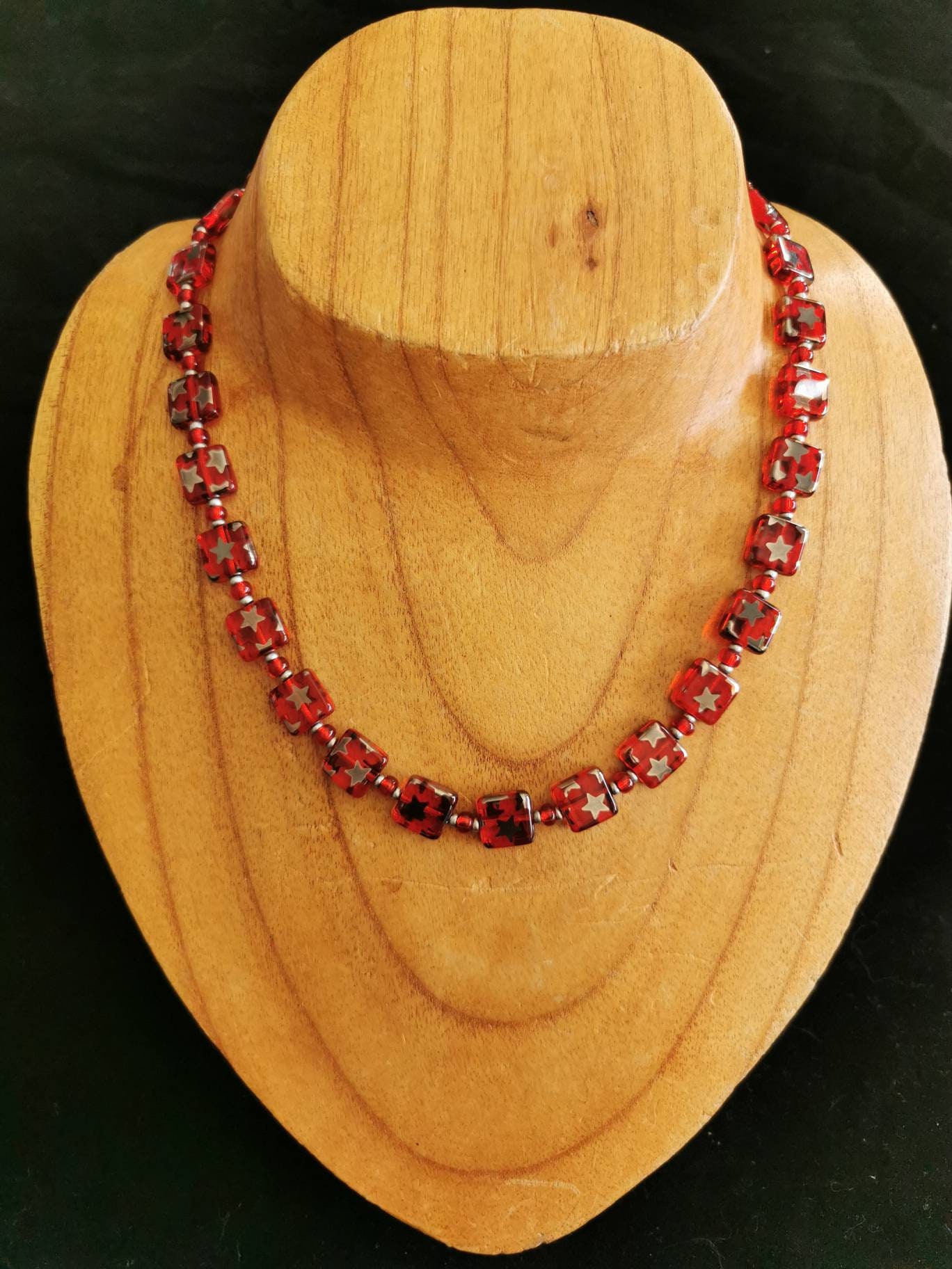 Red Bead Necklace, Star Beaded Necklace, Handmade Czech Glass Necklace ...