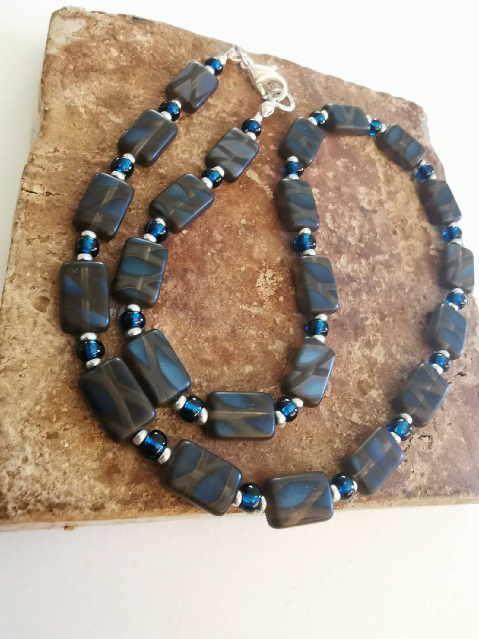 Dark Blue Bead Necklace, Czech Bead Necklace, Handmade Navy Blue ...