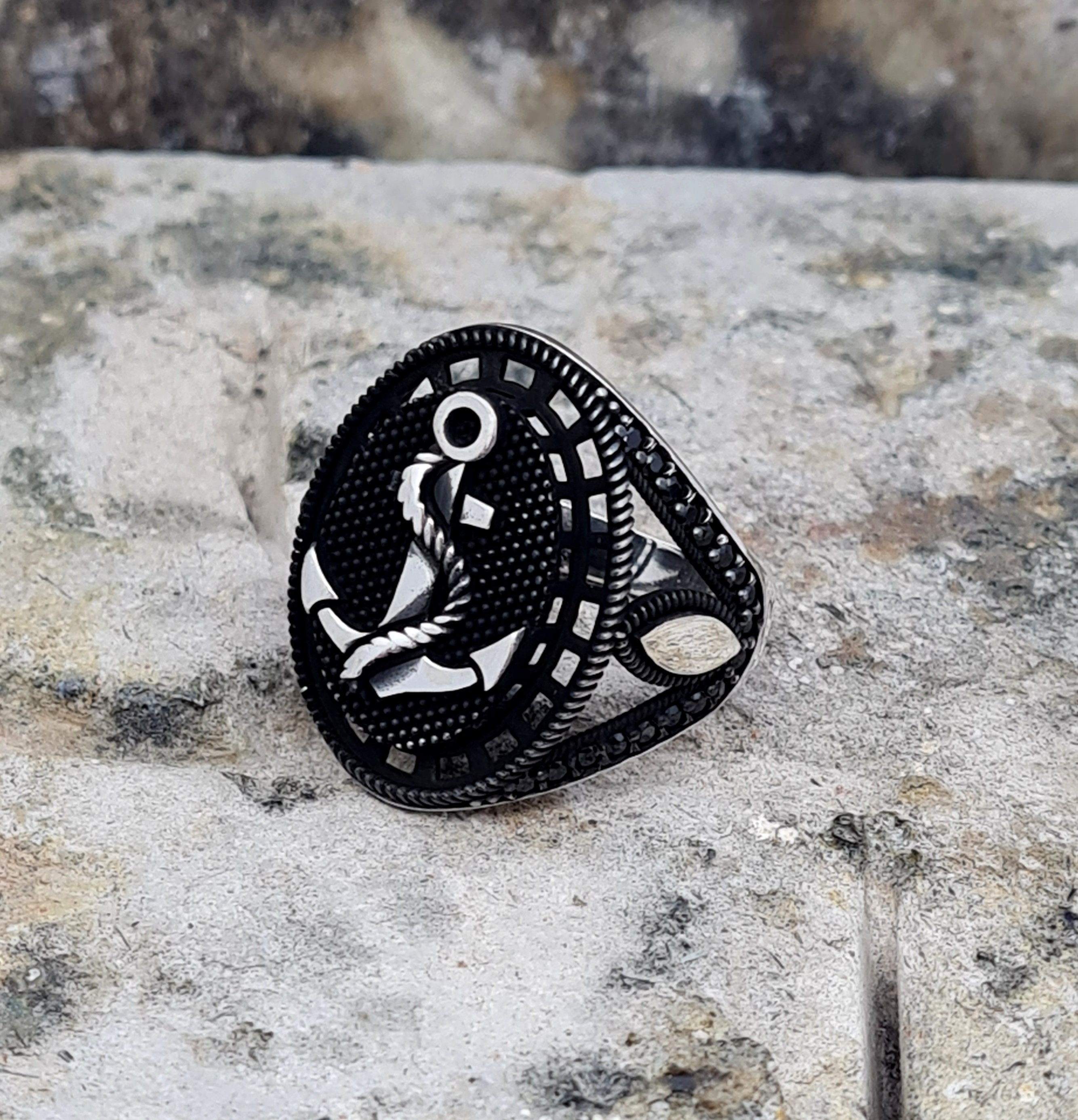 Anchor Ring,anchor Micro Stone Silver Ring,handmade 925 Sterling Silver ...