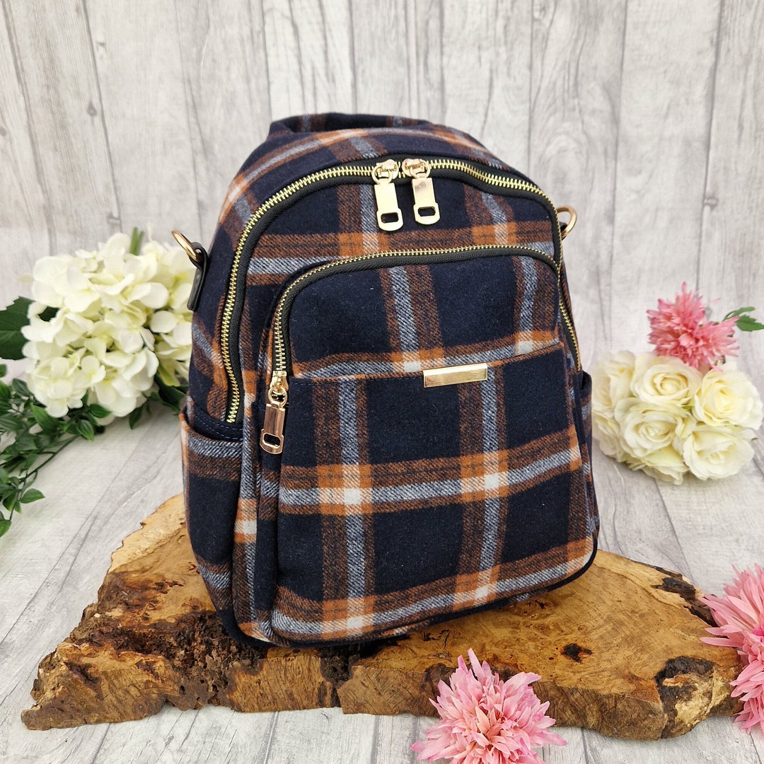 Tweed Check Backpack Rucksack Navy & Orange Overcheck Tweed, Sling Bag ...
