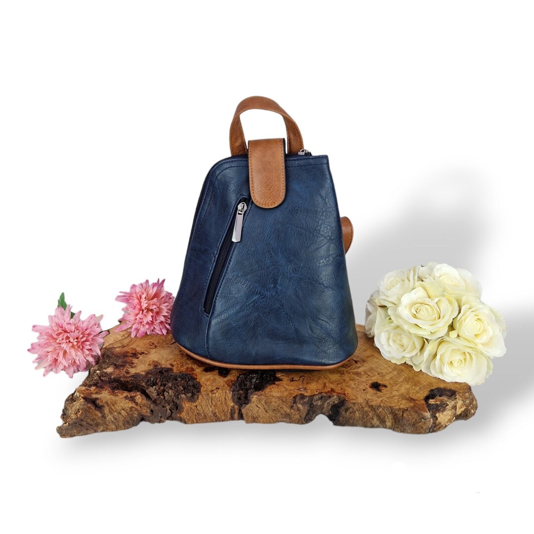 Mini Navy Blue & Brown Backpack | Cute Chic Small Backpack | Travel Bag ...