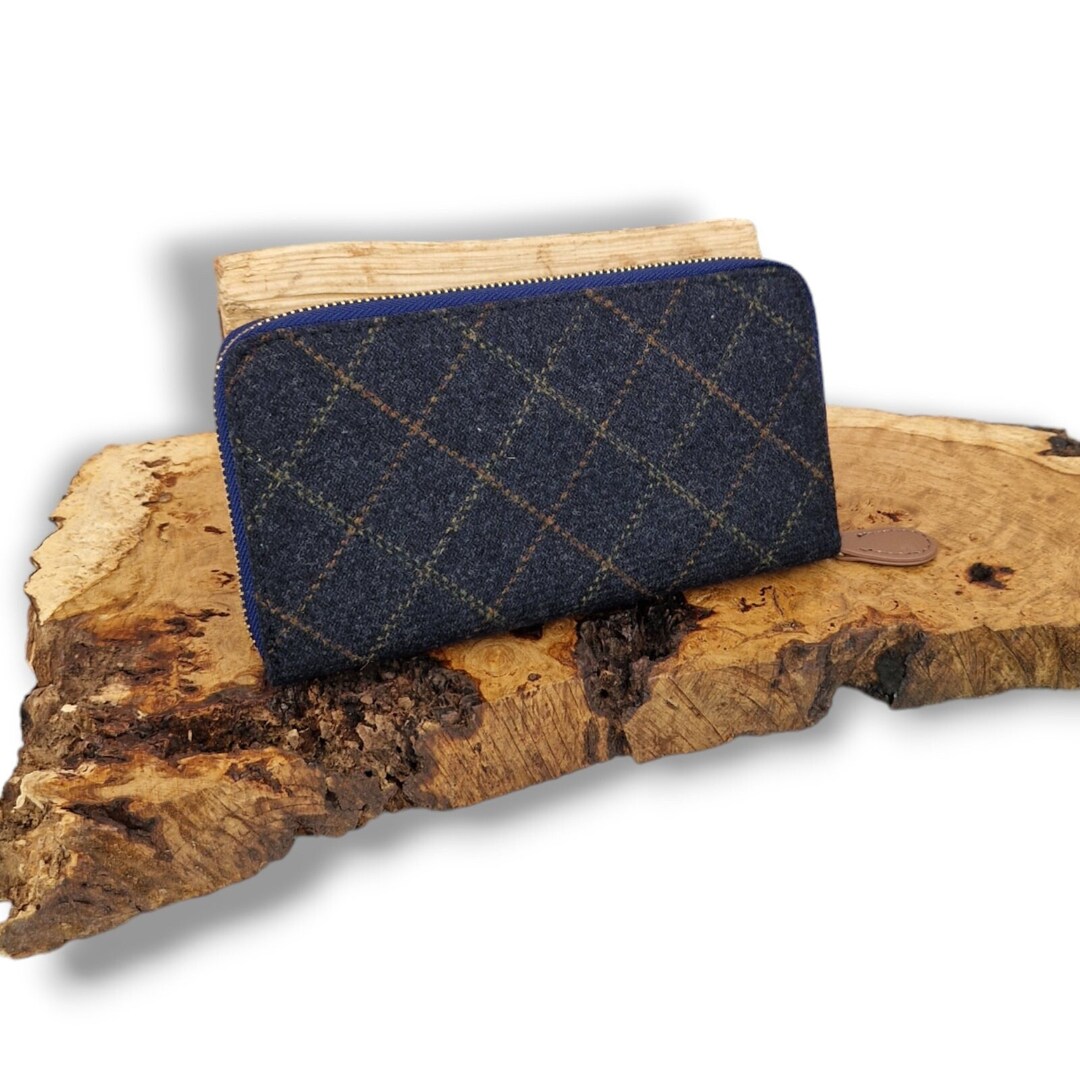 Navy Blue Tweed Purse, Zip Round Vintage Purse, Tartan Pattern ...