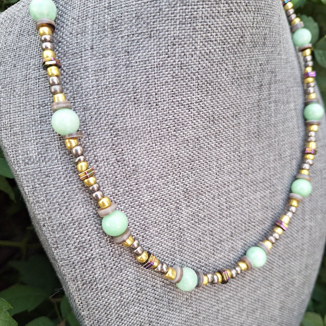 Beaded Necklace With Mint Quartz and Rainbow Hematite Gemstones - Etsy