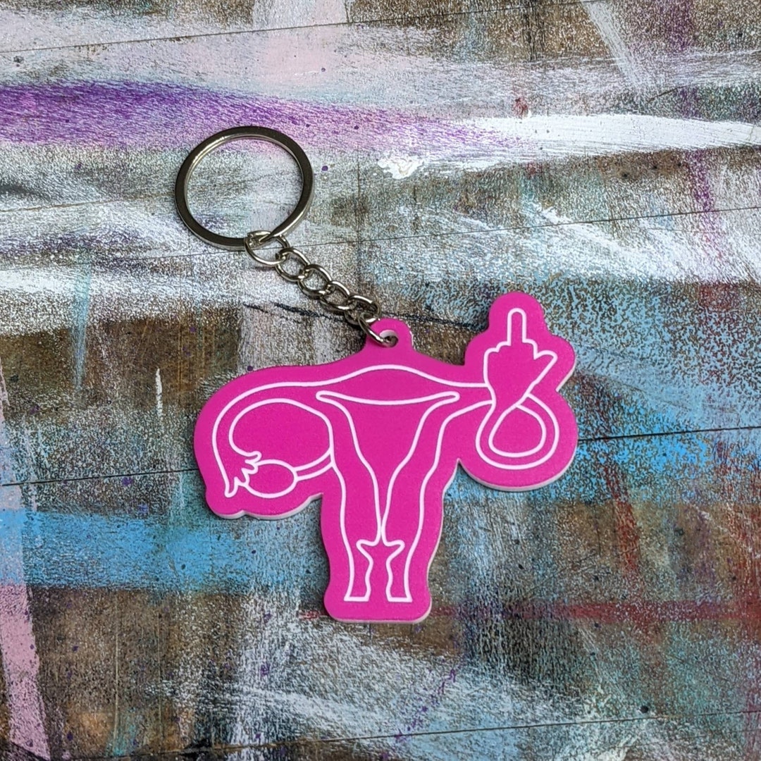 F Uterus Keychain, Hot Pink Angry Uterus, Flipping Bird Uterus Keychain ...