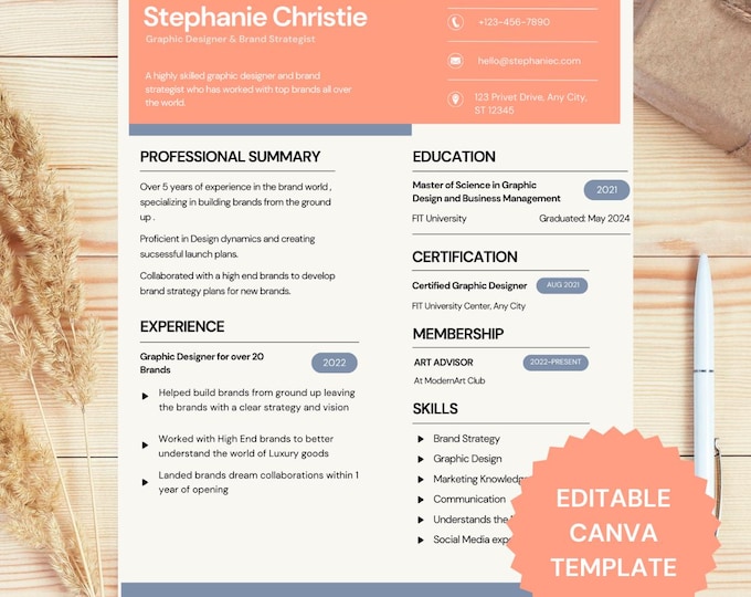 Professional Resume Canva Template - Modern Editable CV Design for Job ...
