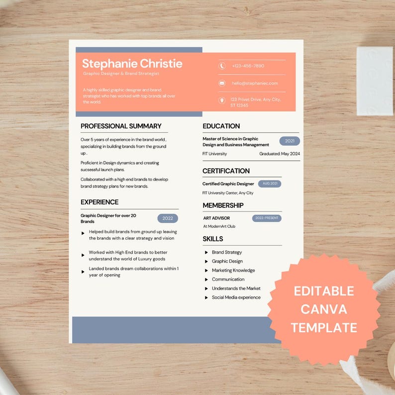 Professional Resume Canva Template - Modern Editable CV Design for Job ...