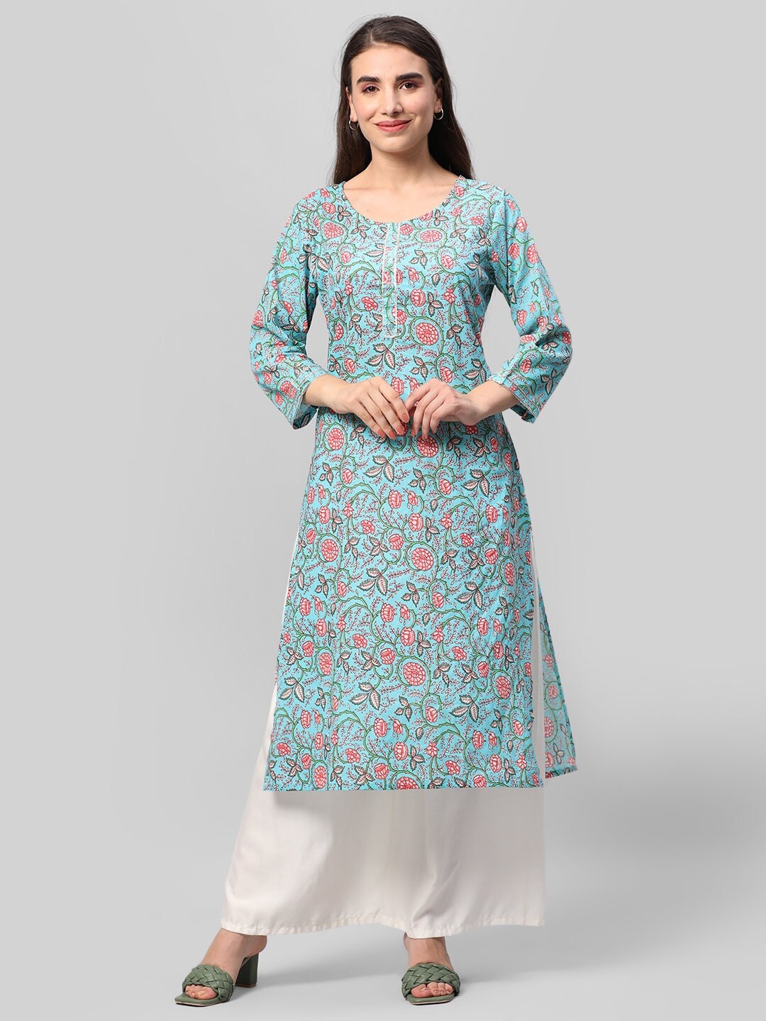 Indian Women Solid Cotton Blend Straight Kurtablue for Summer ...