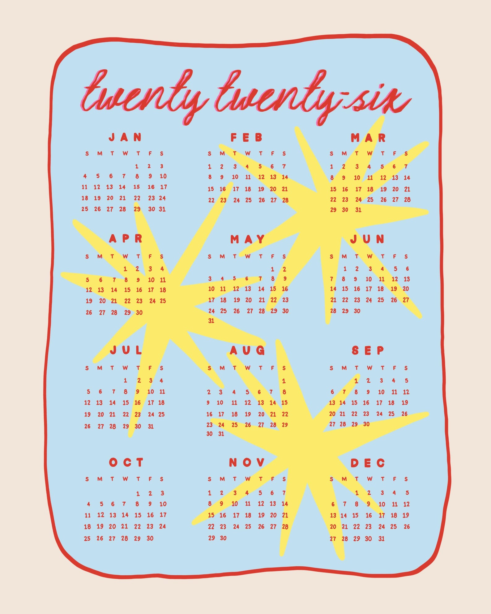 2026 Colorful Calendar | Printable | One Page Year at a Glance | Funky ...