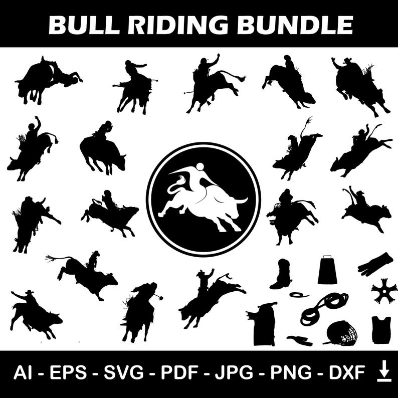 Bull Riding Silhouette Bundle | Bull Riding Players With Logo and Bull ...