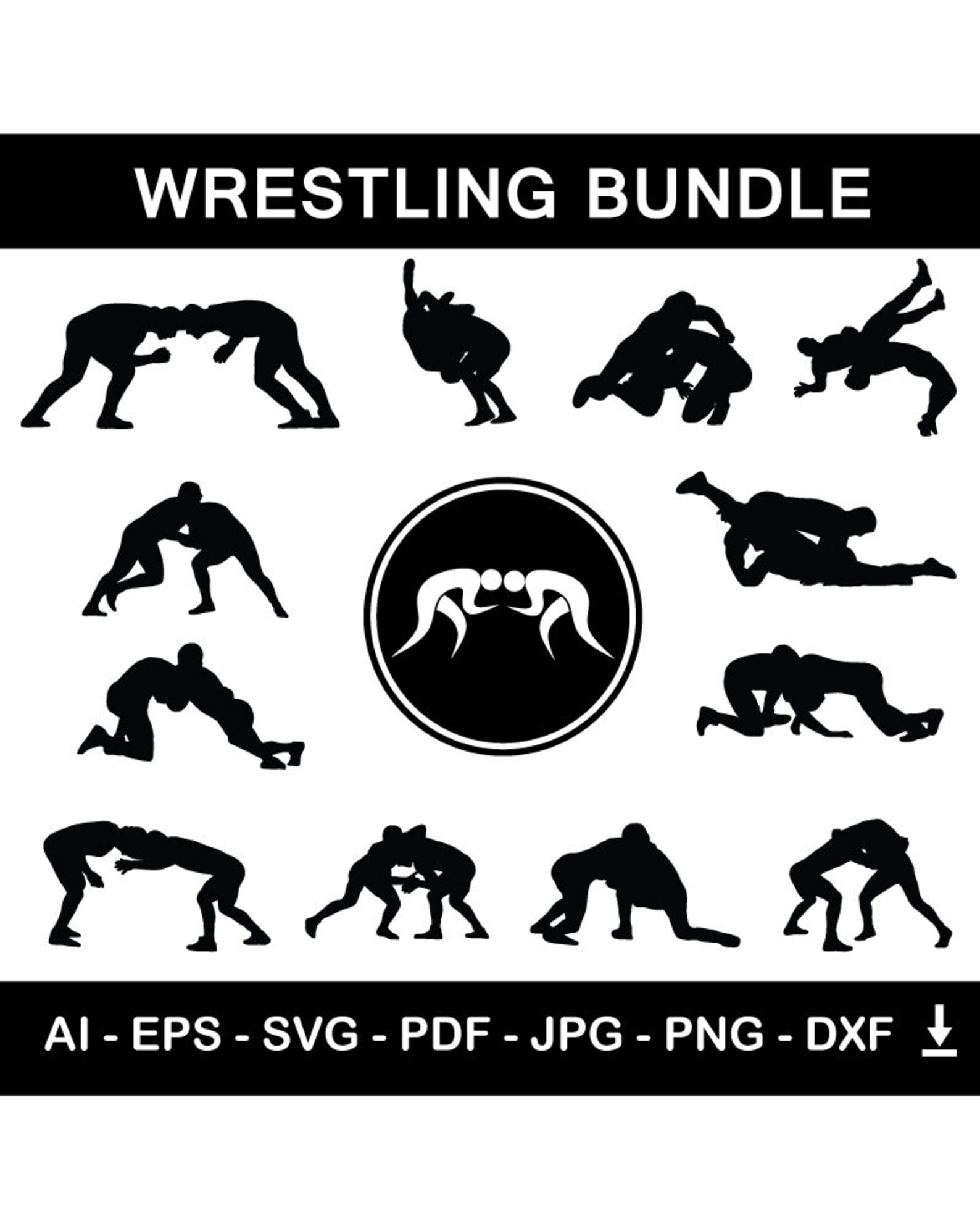 Wrestling Silhouettes Bundle | Wrestling Players With Wrestling Logo ...