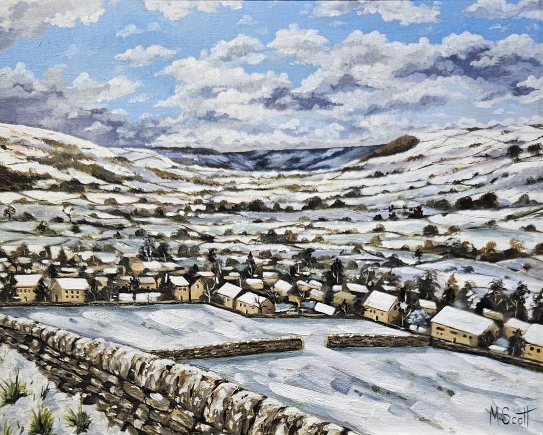 Original Snowy Reeth Oil Painting, Yorkshire Dales Winter Landscape Art ...