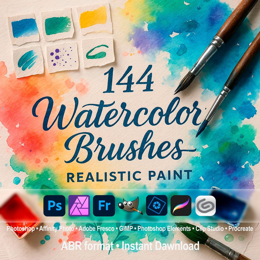 Watercolor Photoshop Brushes | Realistic Paint ABR for GIMP, Procreate ...
