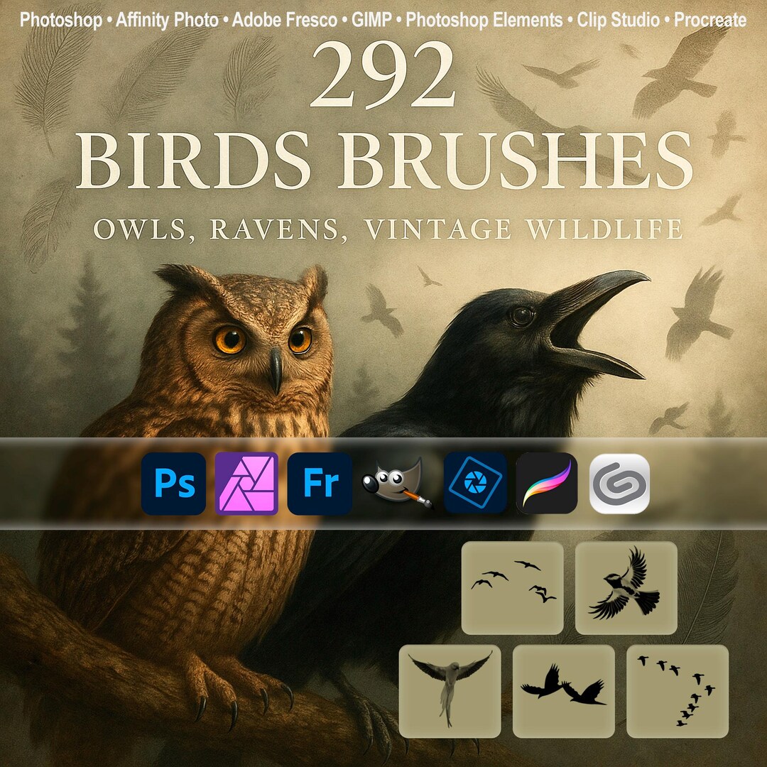 Birds Brushes – Owls, Ravens, Vintage Wildlife ABR for Photoshop, GIMP ...